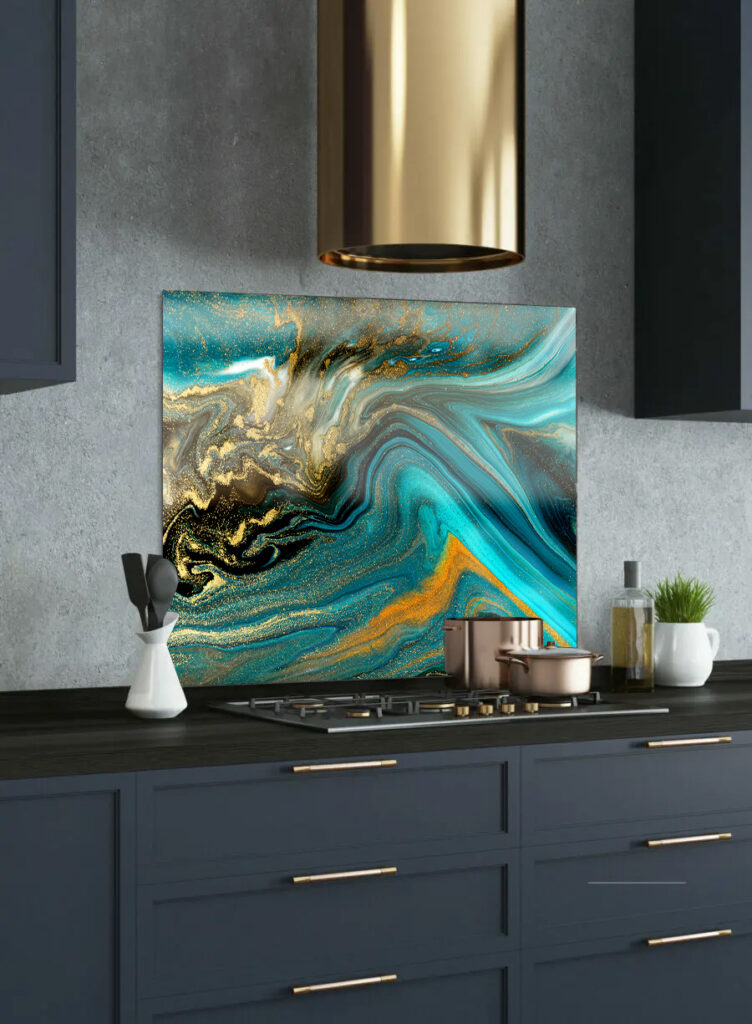 Turquoise & Gold Marble Printed Glass Splashback - Express Toughening Ltd