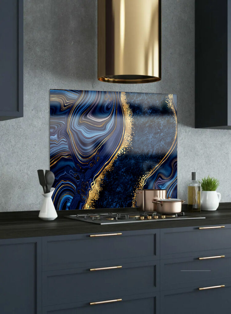 Royal Blue & Gold Marble Printed Glass Splashback - Express Toughening Ltd